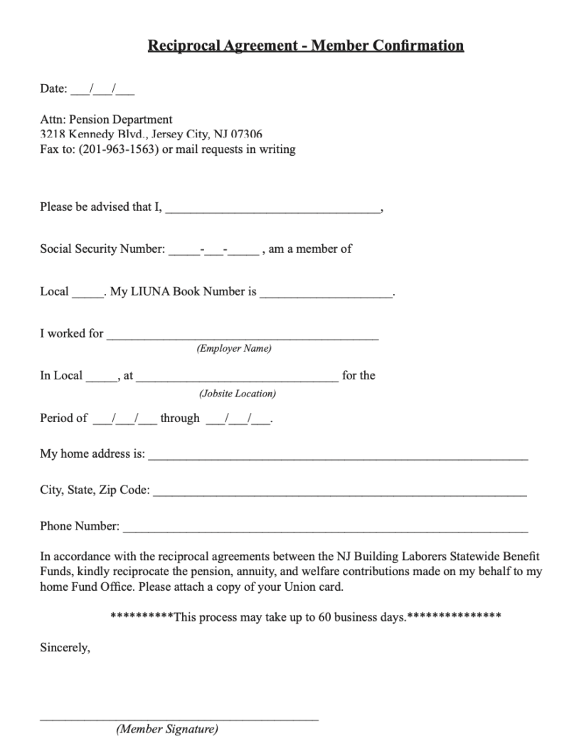 Reciprocal Request Form - Laborers Local 78